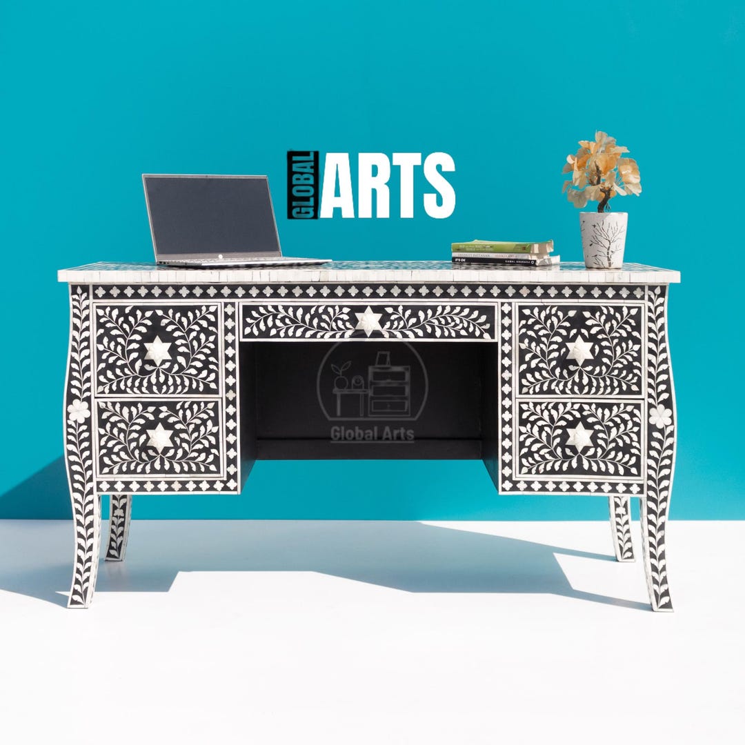 Handcrafted Bone Inlay Executive Desk With 5 Drawers – Black Floral ...