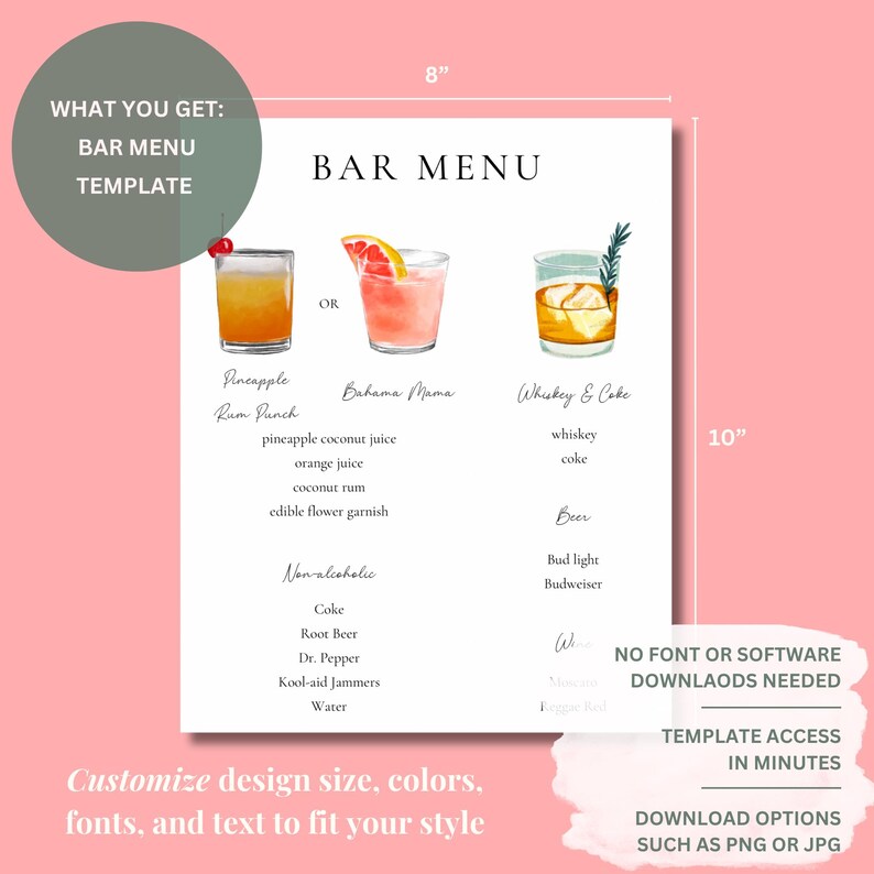 Editable Wedding Bar Menu Template | Custom Drink Sign (canva) - Etsy