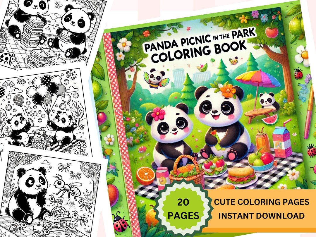 Panda Picnic in the Park Coloring Book Cute Adorable Digital Download ...