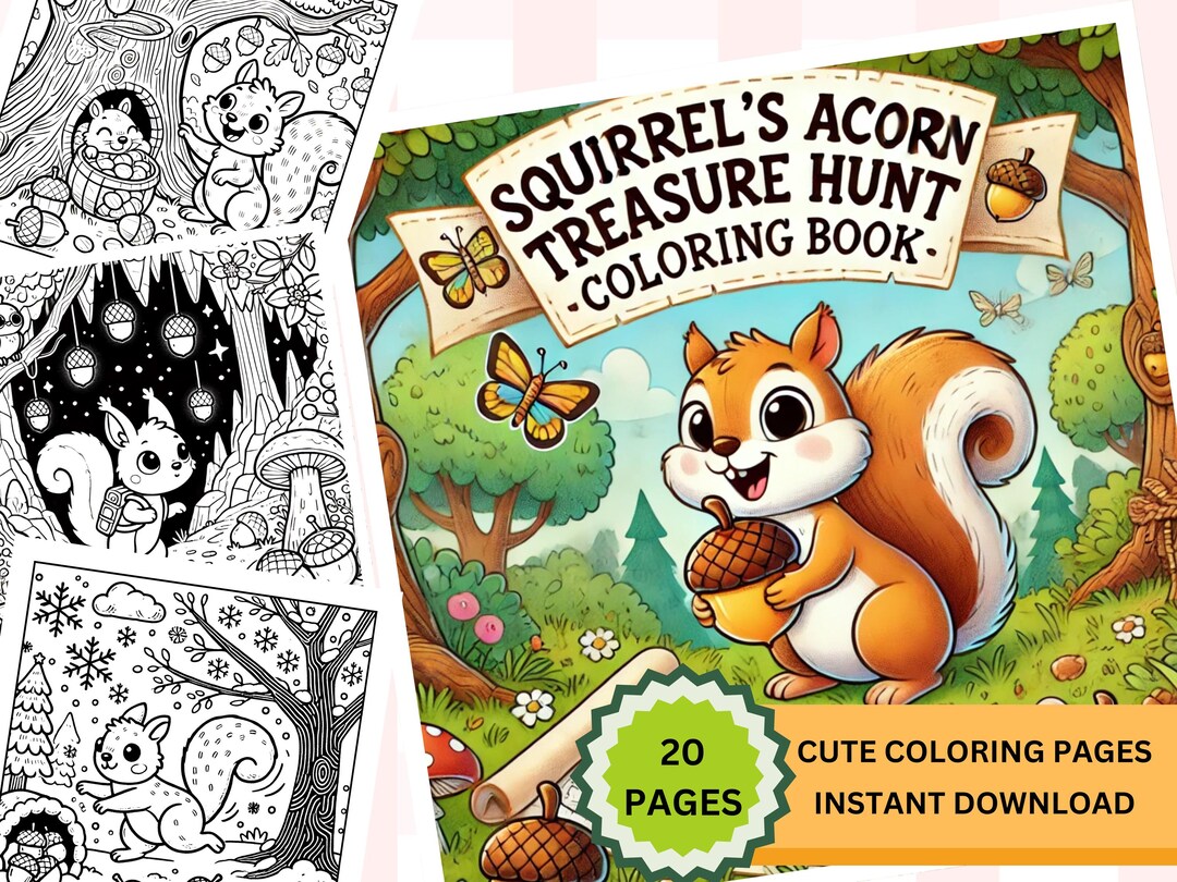 Squirrels Acorn Treasure Hunt Coloring Book Digital Download 20 Pages ...