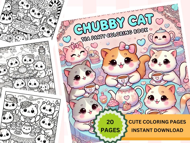Chubby Cat Coloring Pages Kawaii Tea Party Printable PDF for Kids and ...