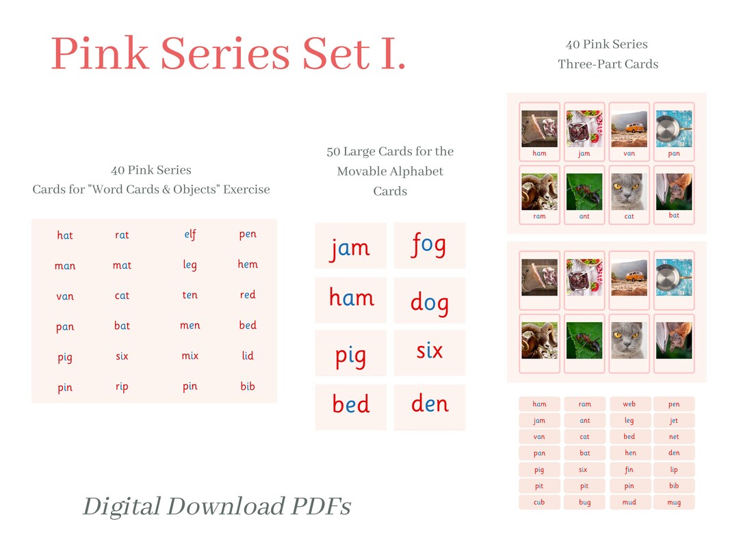 Montessori Beginning Pink Series: Three-part Picture and Word Cards ...