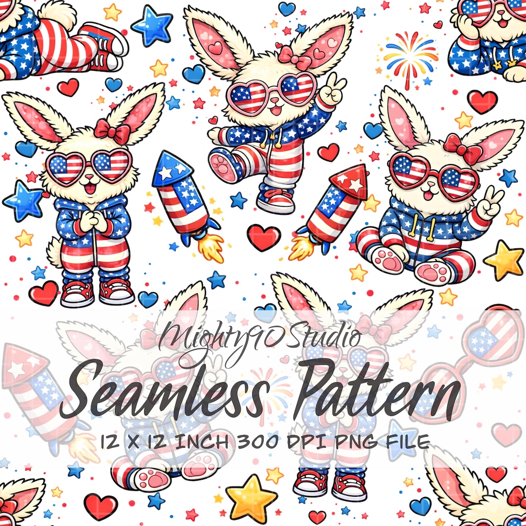 Star-spangled Bunnies Seamless Pattern PNG Cute Patriotic Red White ...