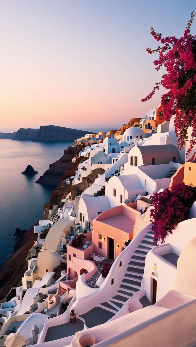 A Breathtaking View of Oia, Santorini at Sunset, Featuring Whitewashed ...
