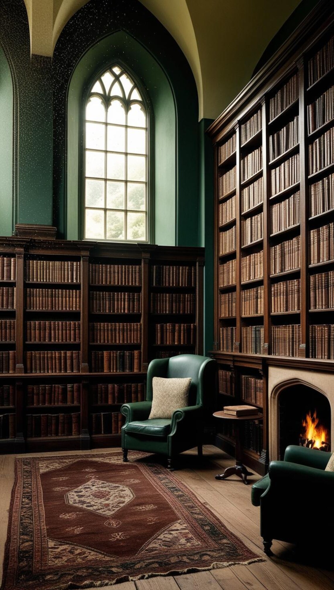 A Cozy Old-world Library With Dark Wood Bookshelves, a Crackling ...