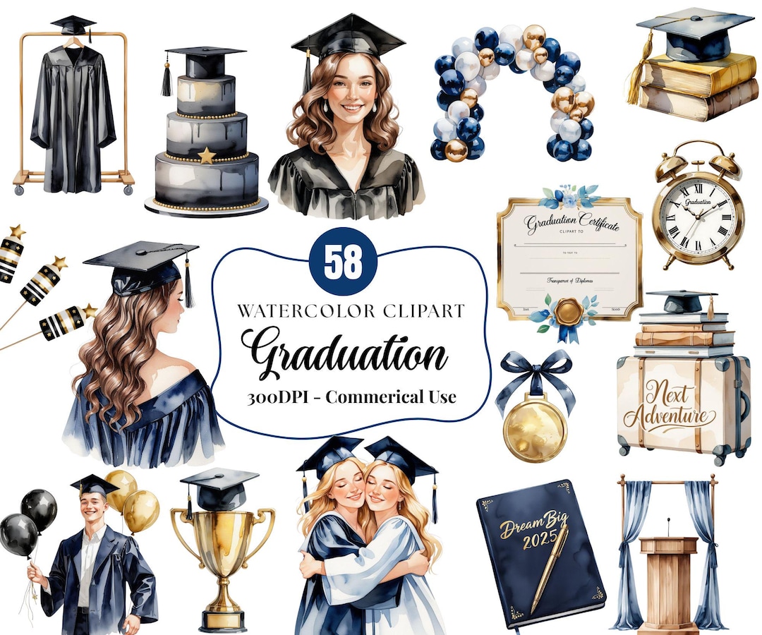 Watercolor Graduation Clipart Bundle: Cap, Gown, Diploma (PNG ...