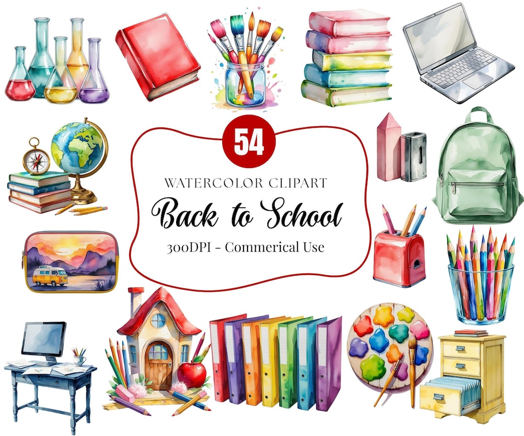 Watercolor School Supplies Clipart Bundle: 54 Pngs, Classroom Decor ...