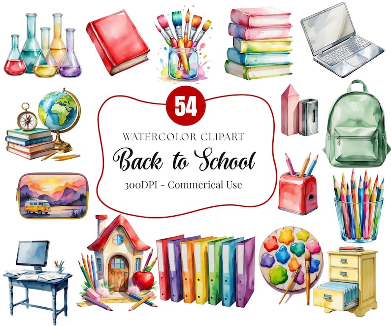 Watercolor School Supplies Clipart Bundle: 54 Pngs, Classroom Decor ...
