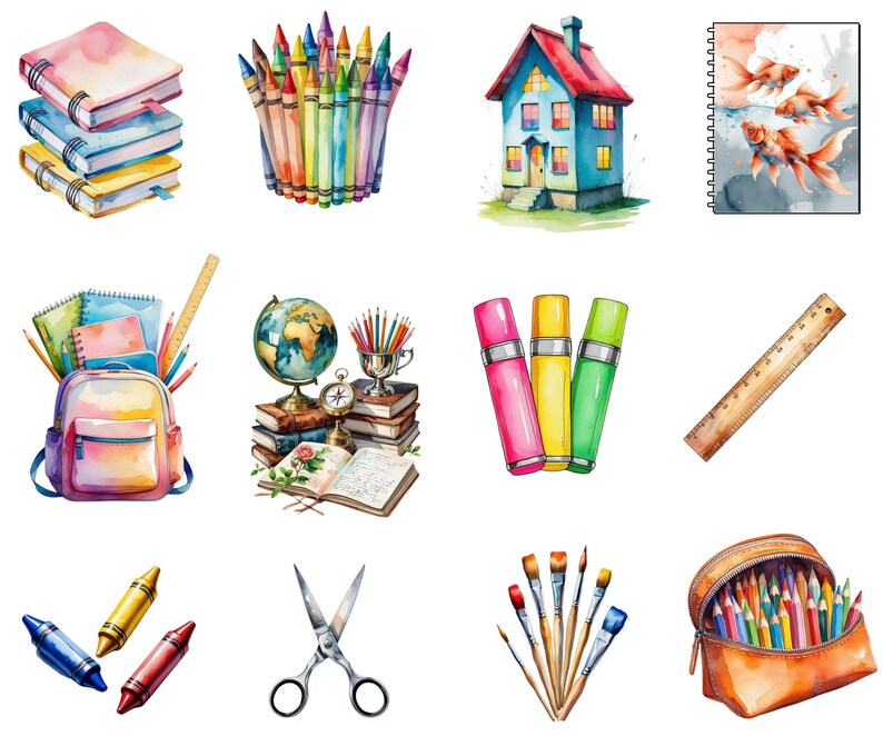 Watercolor School Supplies Clipart Bundle: 54 Pngs, Classroom Decor ...