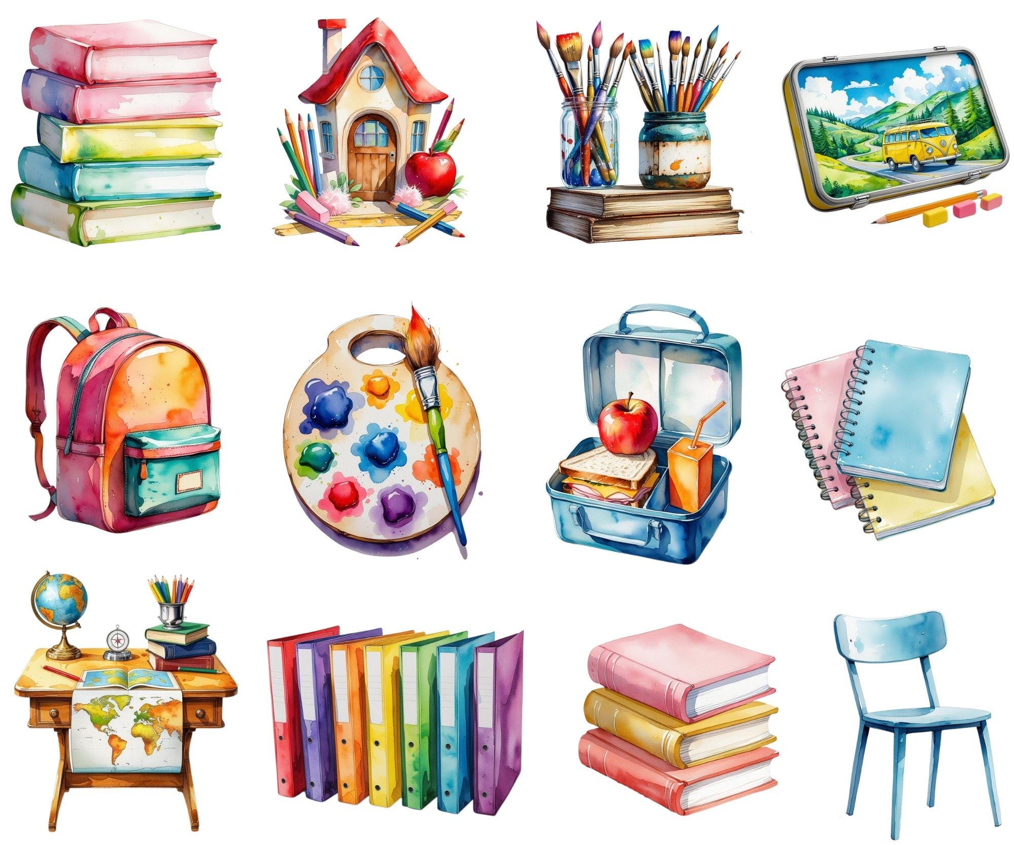 Watercolor School Supplies Clipart Bundle: 54 Pngs, Classroom Decor ...