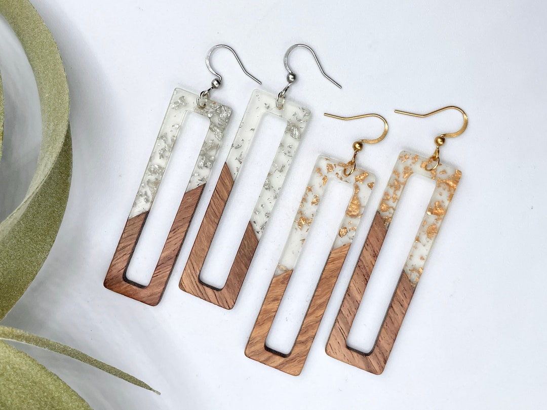 Wood Resin Rectangle Earrings Wooden Geometric Earrings - Etsy