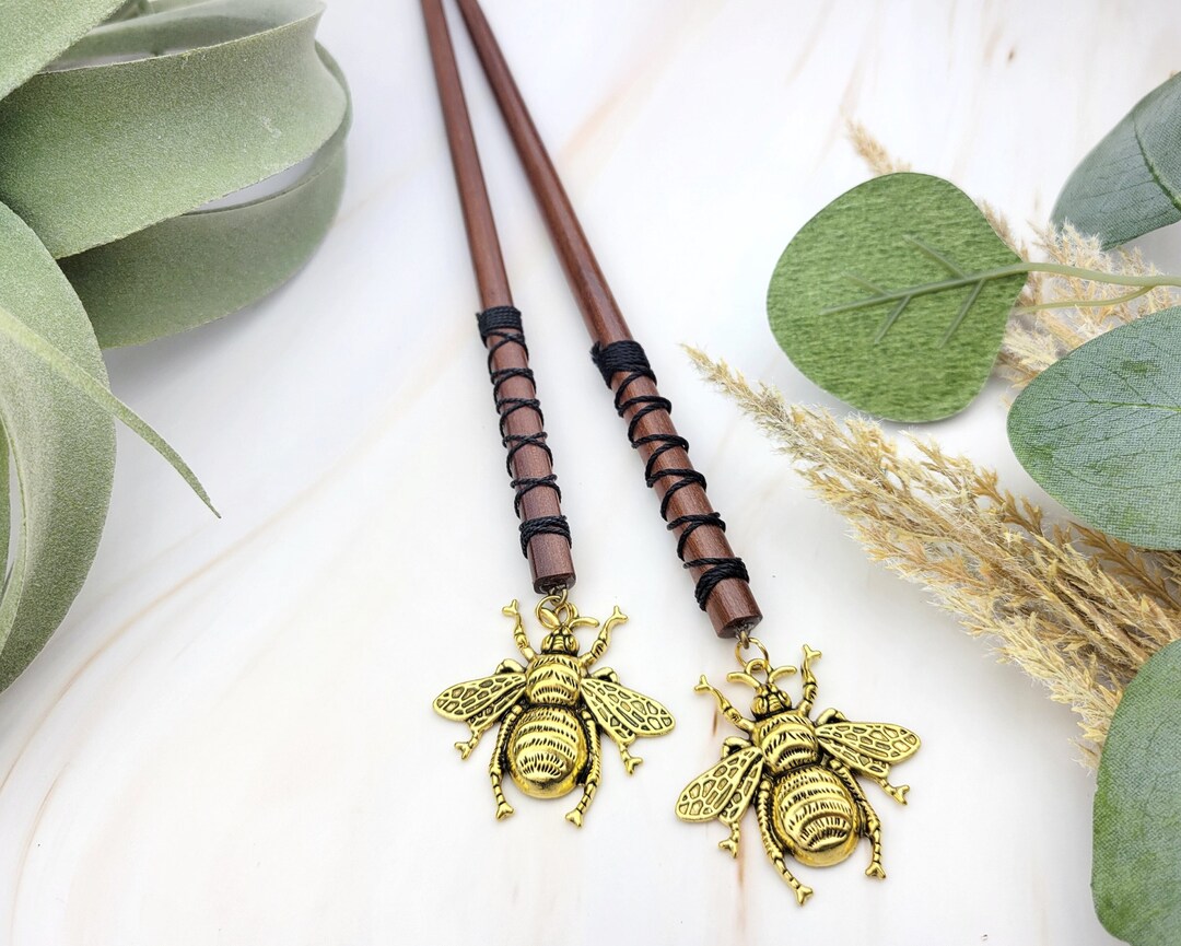 Bee Hair Stick: Brown Wooden Hair Fork With Golden Bees - Etsy