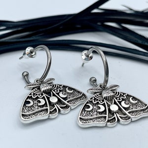 Silver Luna Moth Huggie Hoops - Goth Insect Earrings - Cartilage Hoops ...