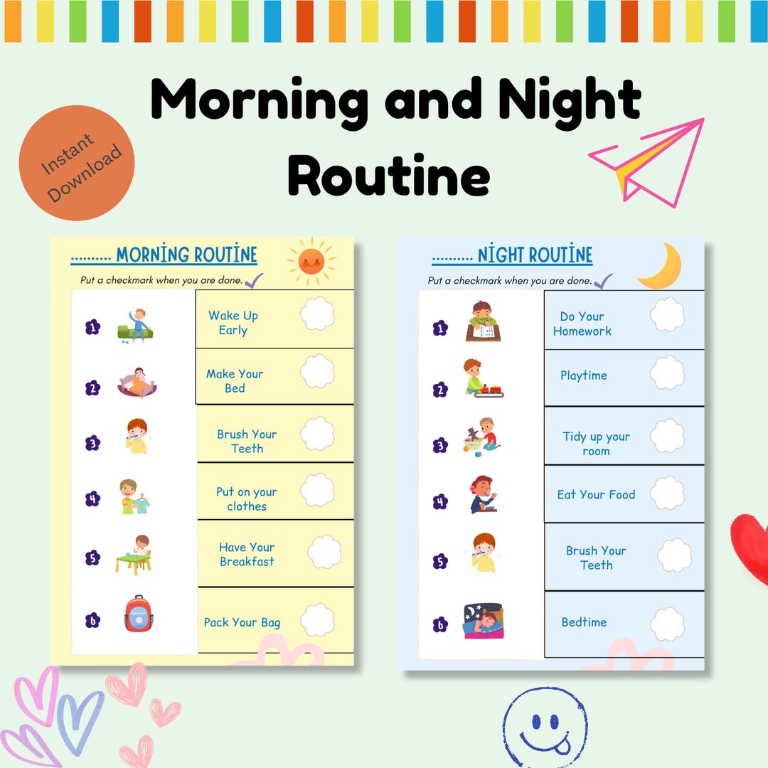 Playful Morning & Night Routine Chart: Visual Schedule (instant ...