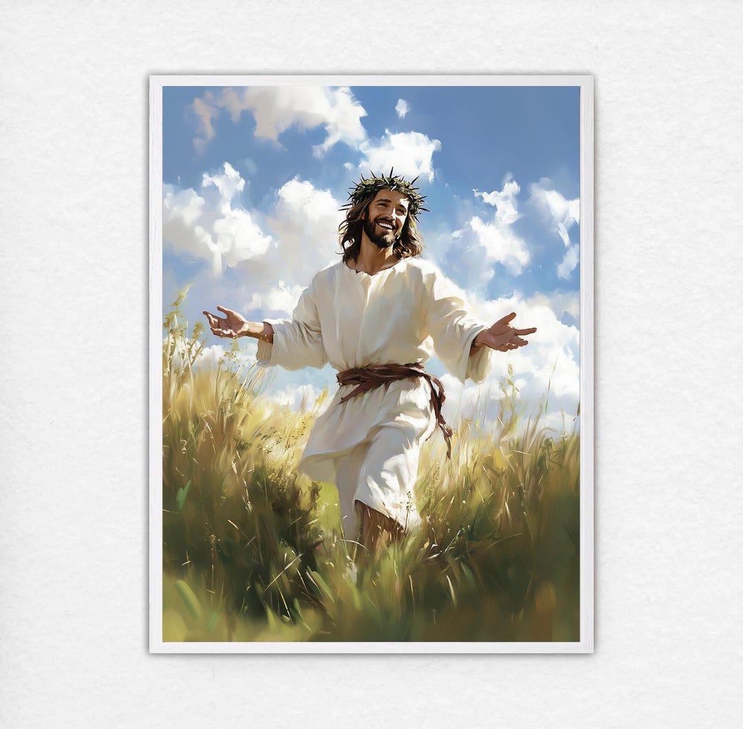 Smiling Jesus Art, Joyful Christ Wall Decor, Harvest Painting, Digital ...