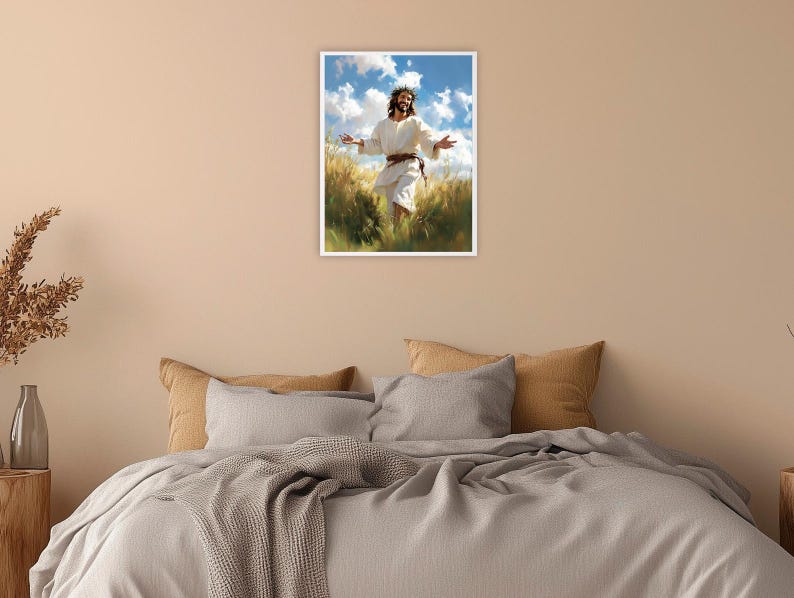 Smiling Jesus Art, Joyful Christ Wall Decor, Harvest Painting, Digital ...
