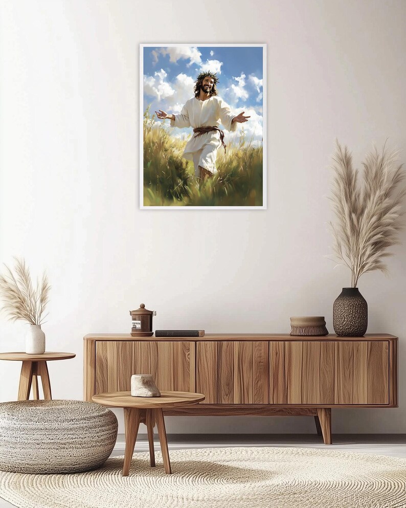 Smiling Jesus Art, Joyful Christ Wall Decor, Harvest Painting, Digital ...