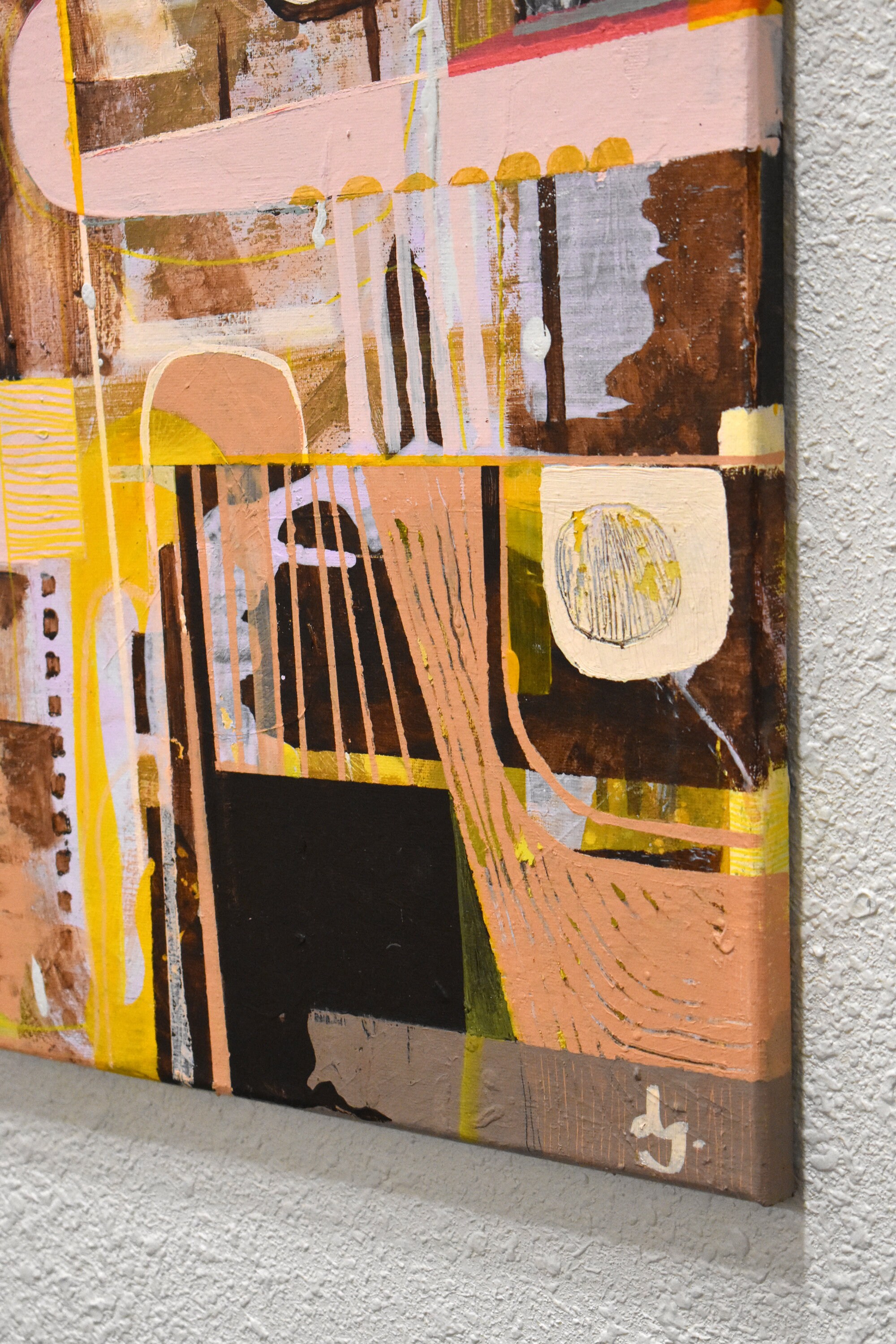 Abstract Shapes Retro Style Painting Light Pink Brown Yellow Geometric ...