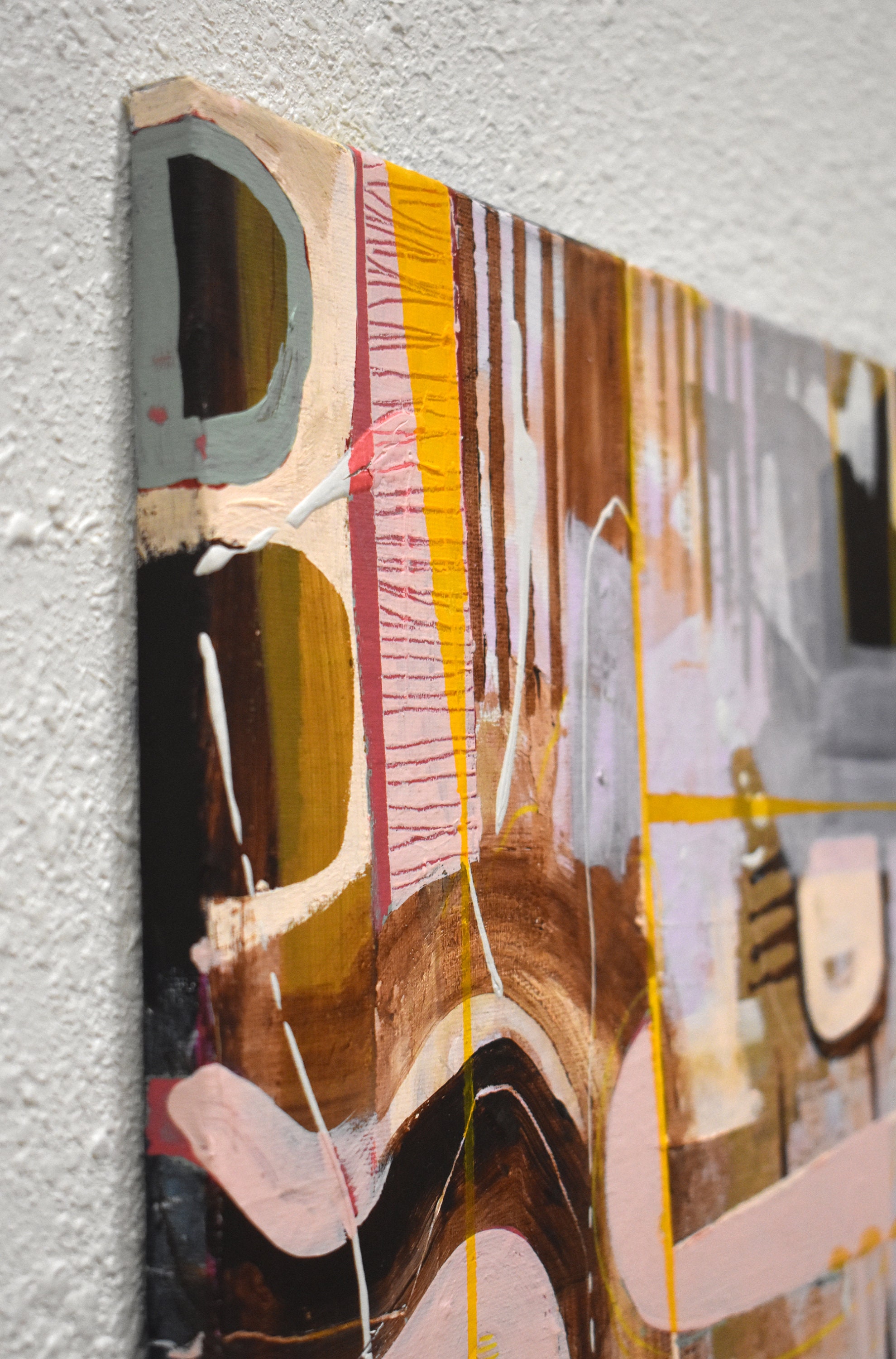 Abstract Shapes Retro Style Painting Light Pink Brown Yellow Geometric ...