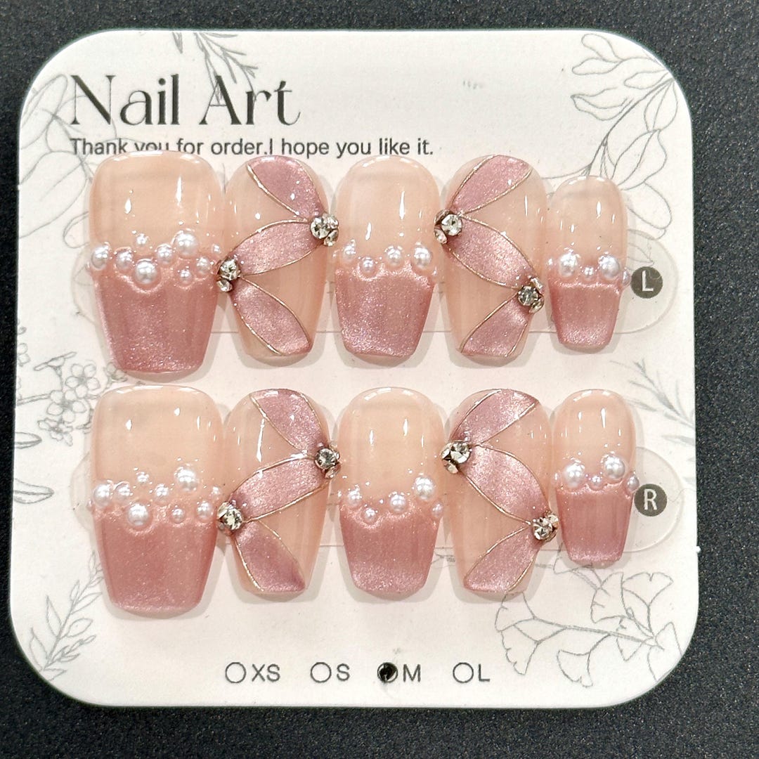 Valentine Pink Ribbon Press on Nails: Ballet Pearl French Nails - SIZE ...