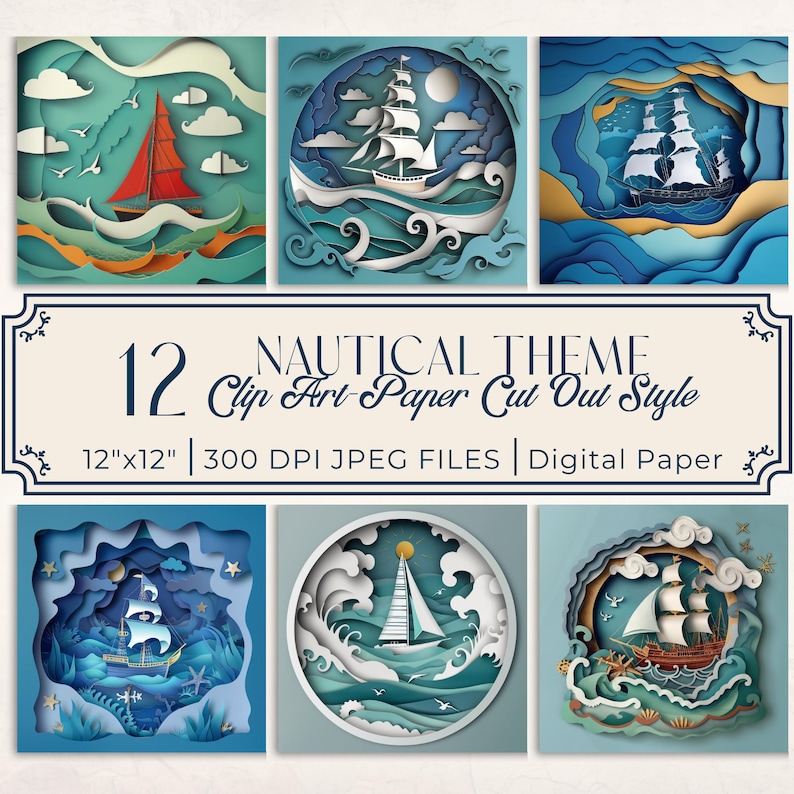 Nautical Clipart Bundle Paper Cut Design Style Ocean Digital Paper Sea ...