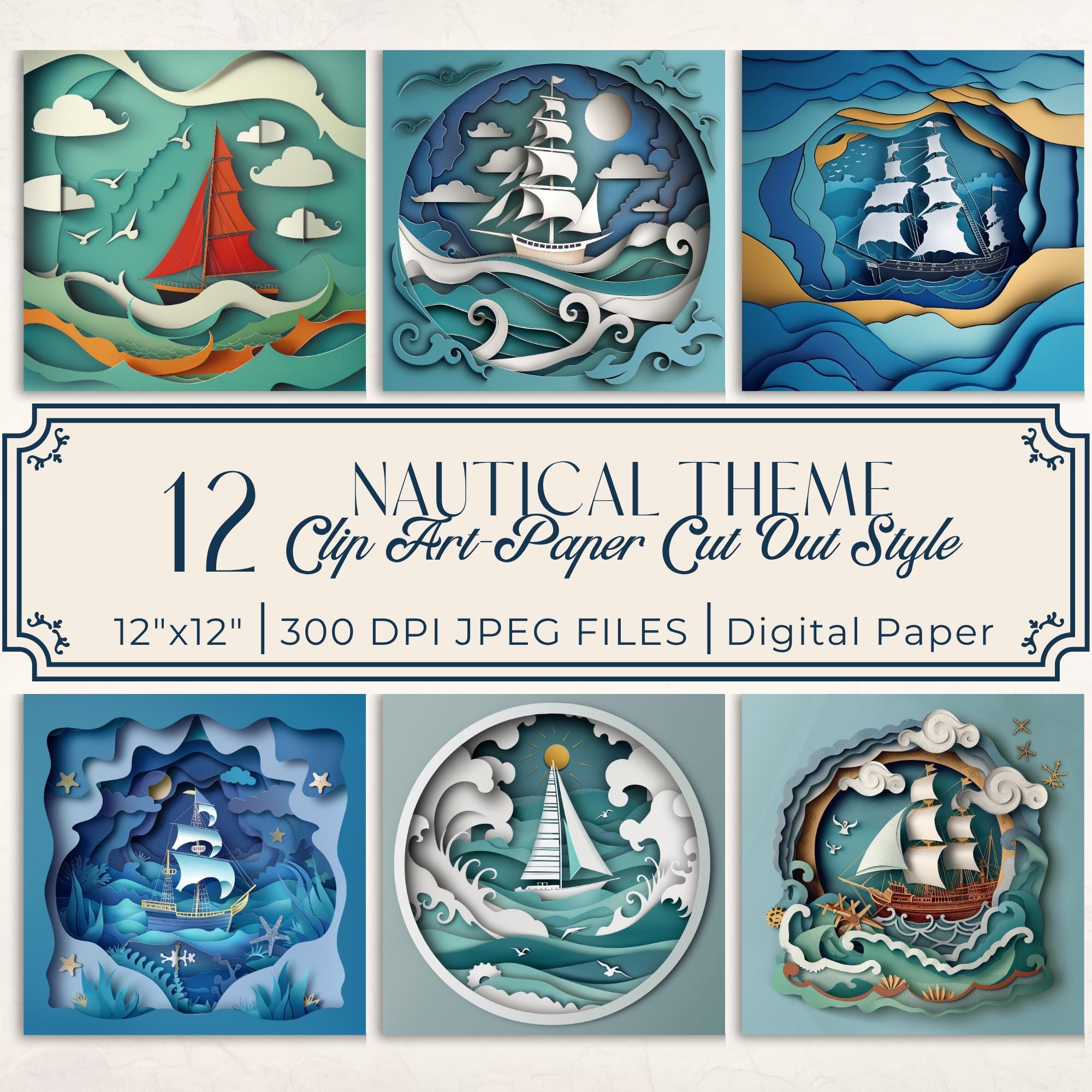 Nautical Clipart Bundle Paper Cut Design Style Ocean Digital Paper Sea ...