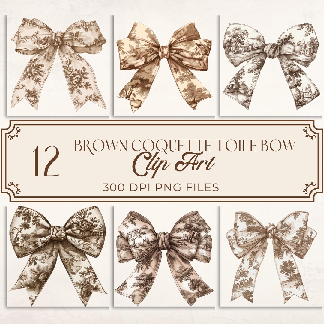 Brown Coquette Toile Bow Clipart Bundle, Floral Mocha Mousse Toile ...