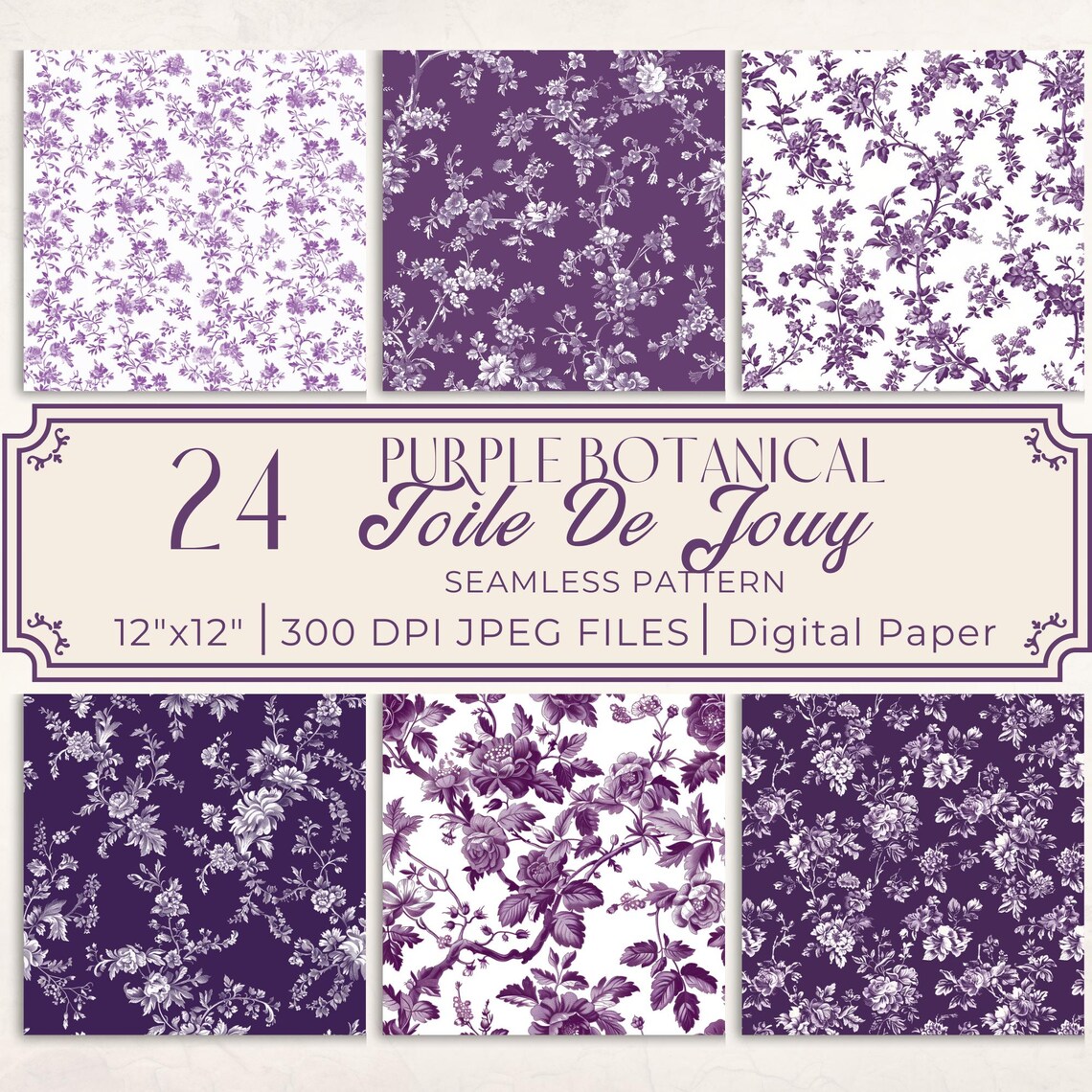 Purple Toile De Jouy Digital Paper: Floral Scrapbook Background ...