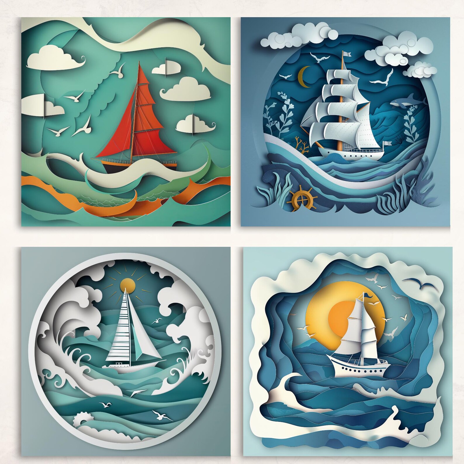 Nautical Clipart Bundle Paper Cut Design Style Ocean Digital Paper Sea ...