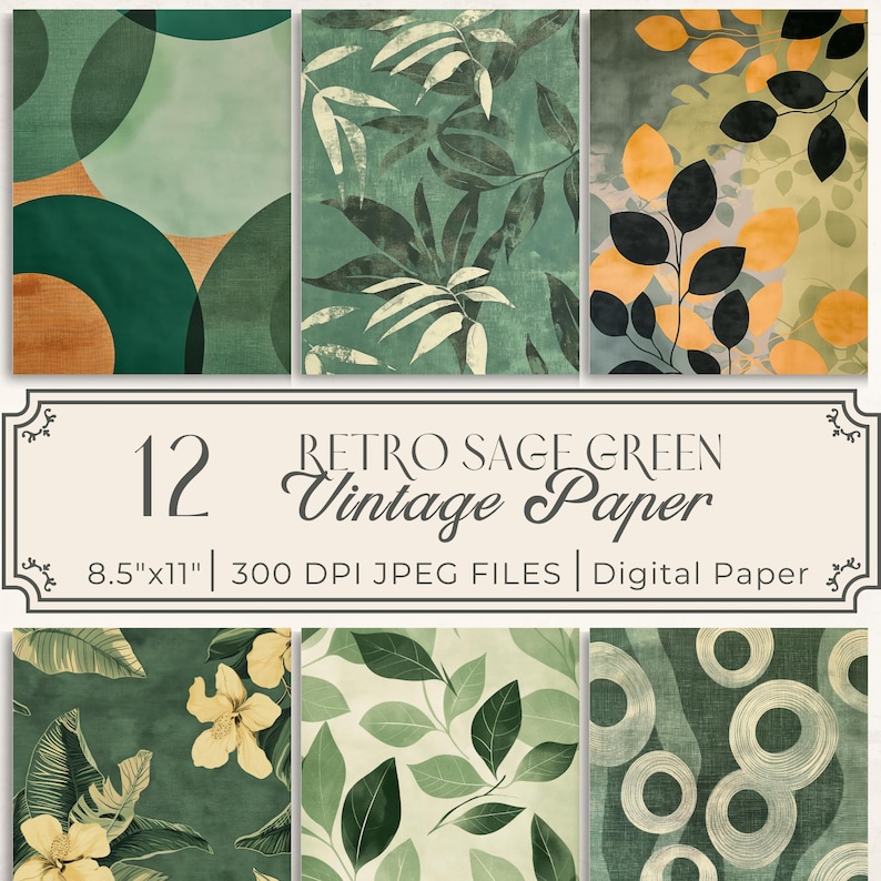 Retro Sage Green Digital Paper Vintage Junk Journal Inserts ...