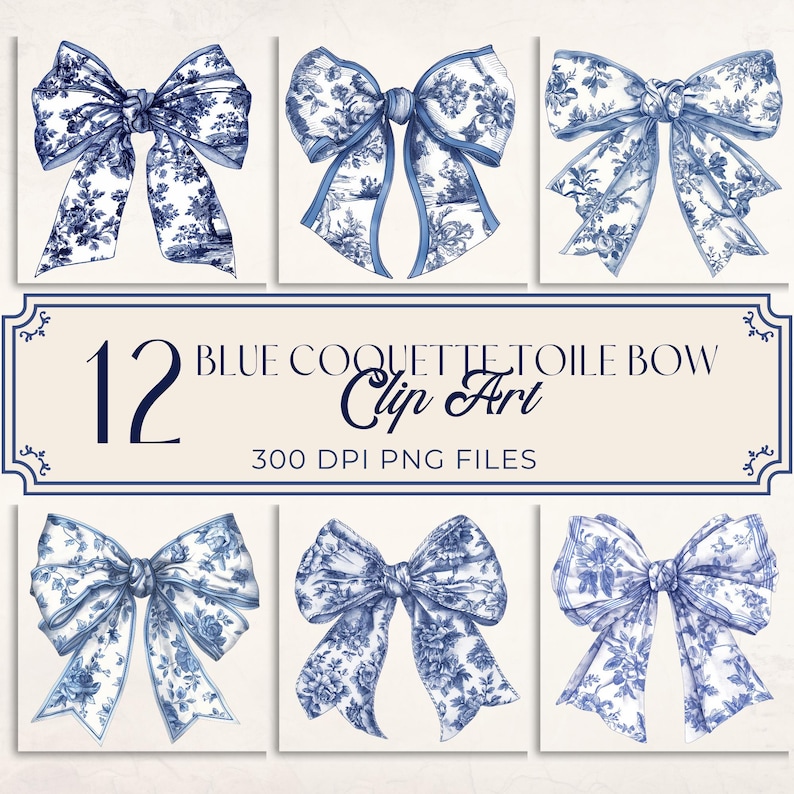 Blue Coquette Toile Bow Clipart Bundle, Floral Blue Toile, Chinoiserie ...