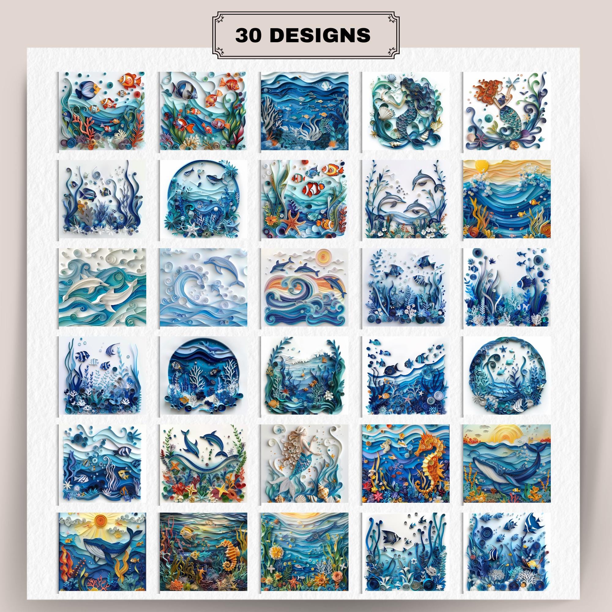 Under the Sea Paper Quilled Digital Paper, Quilled Ocean Printable ...