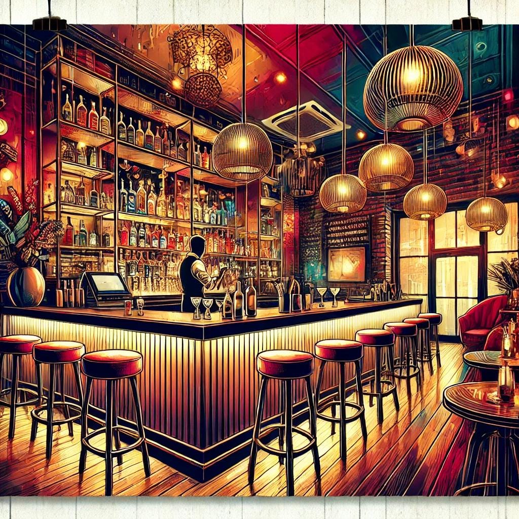 Modern Bar Scene Digital Art – Vibrant Cocktail Lounge Wall Art, Warm ...