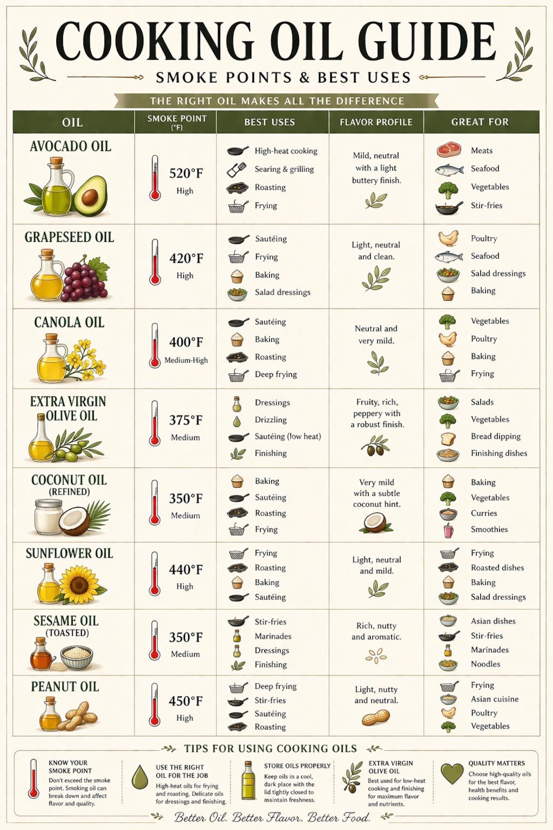 Cooking Oil Guide Poster, Kitchen Smoke Point Chart (instant Download ...