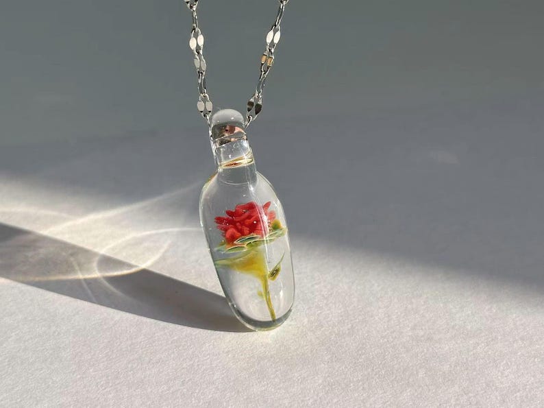 Handmade Glass Encapsulated Rose Capsule Necklace, Forever Flower ...