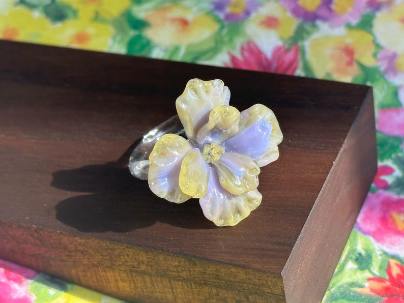 Handmade Glass Flower Ring, Lampwork Floral Ring With Transparent Band ...
