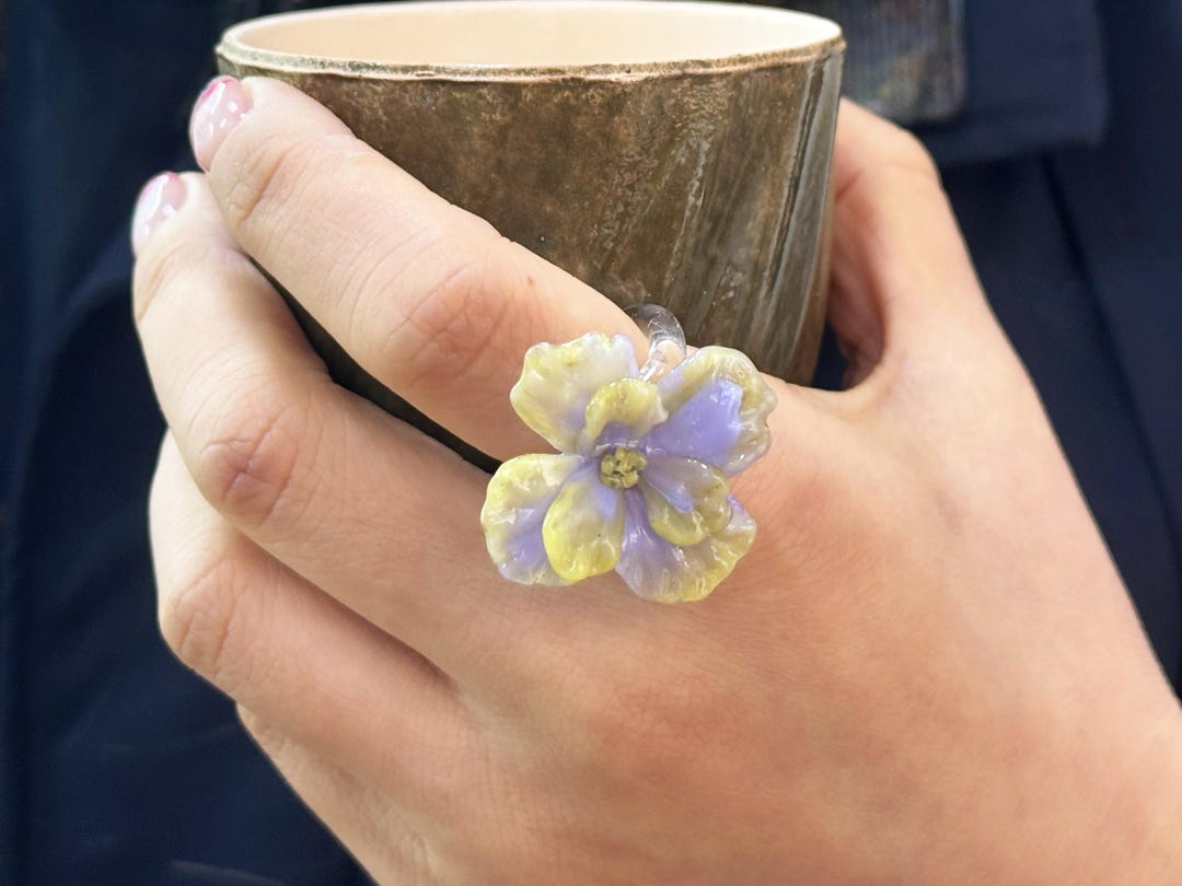 Handmade Glass Flower Ring, Lampwork Floral Ring With Transparent Band ...