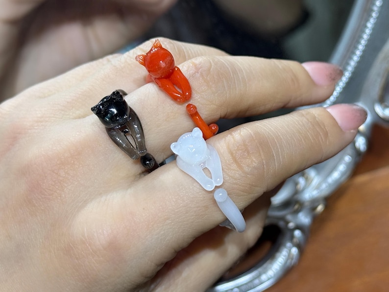 Handmade Glass Cat Ring, Open Tail Cat Design Ring, Cute Animal Jewelry ...