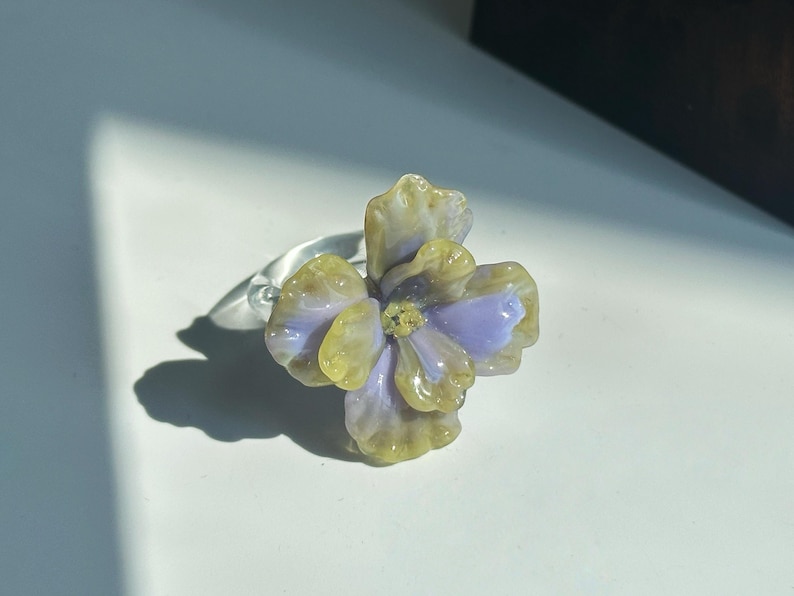 Handmade Glass Flower Ring, Lampwork Floral Ring With Transparent Band ...