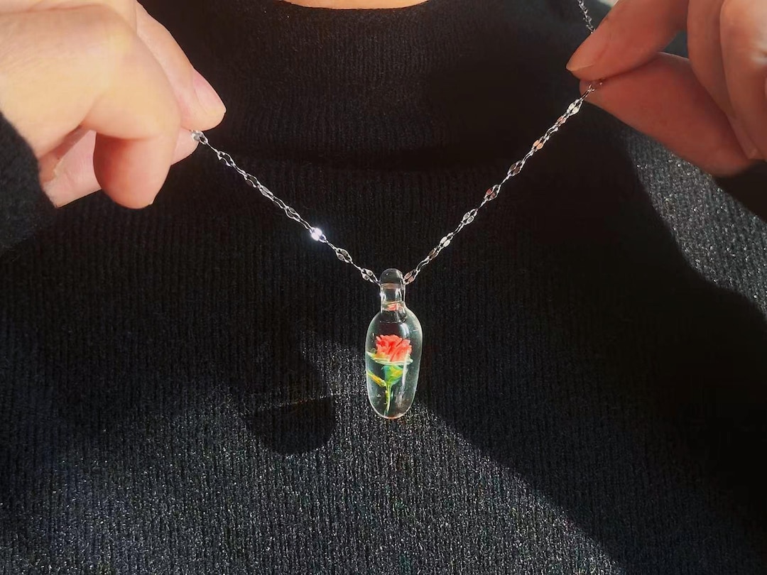 Handmade Glass Encapsulated Rose Capsule Necklace, Forever Flower ...