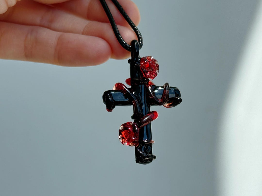 Handmade Glass Cross Pendant – Gothic Rose Necklace, Dark Romantic ...