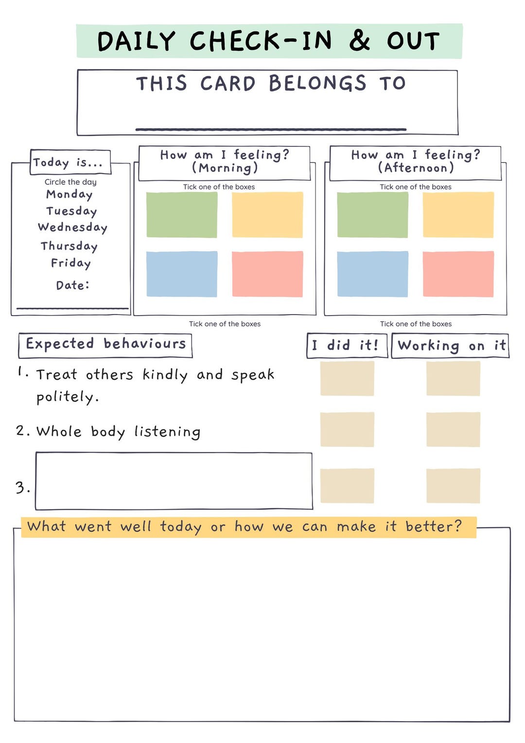 Daily Check in and Check Out Card for Students - Etsy