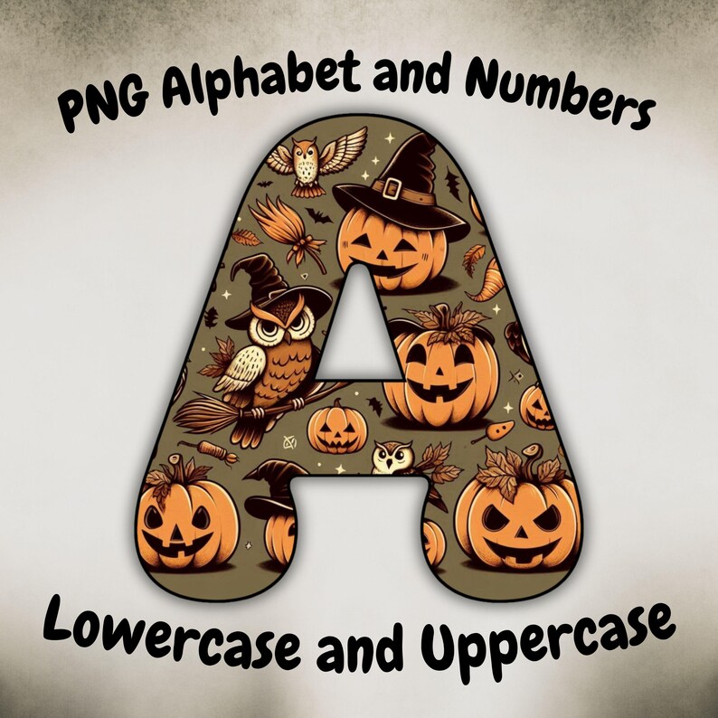 Vintage Halloween Alphabet & Numbers PNG | Retro Jack O Lantern + Owl ...