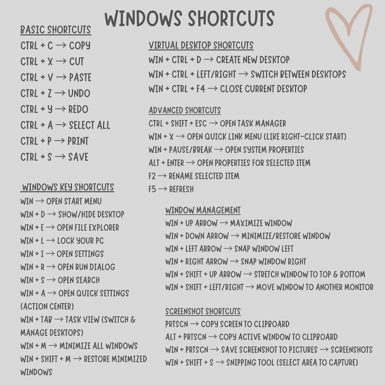 Windows Keyboard Shortcut Print|pdf File - Etsy
