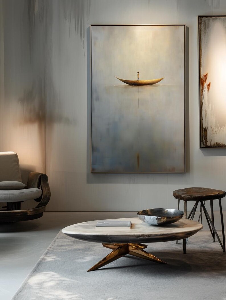 Abstract Boat & Figure Oil Painting - Handmade Minimalist Wall Decor ...