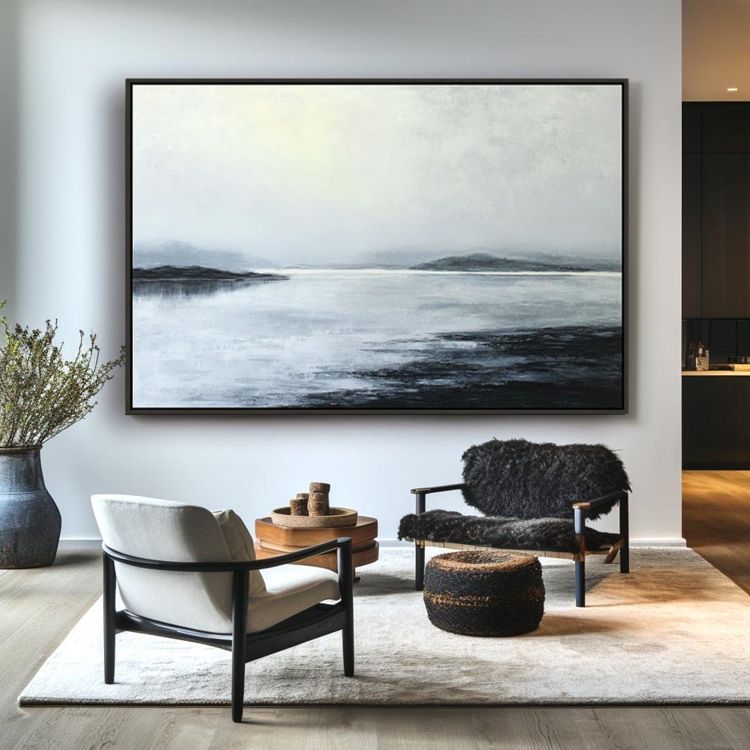 Textured Minimalist Lake Landscape Painting in Neutral Gray Tones - Etsy