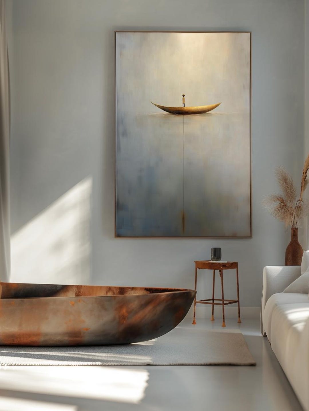 Abstract Boat & Figure Oil Painting - Handmade Minimalist Wall Decor ...