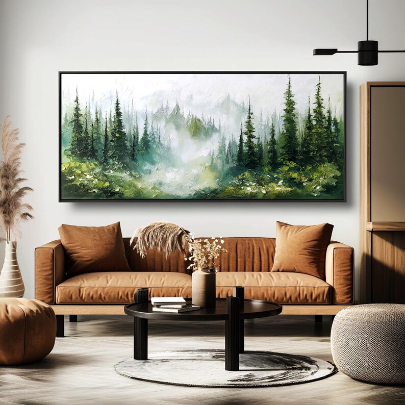 Textured Forest Landscape Painting in Deep Green Tones, Hand Painted ...