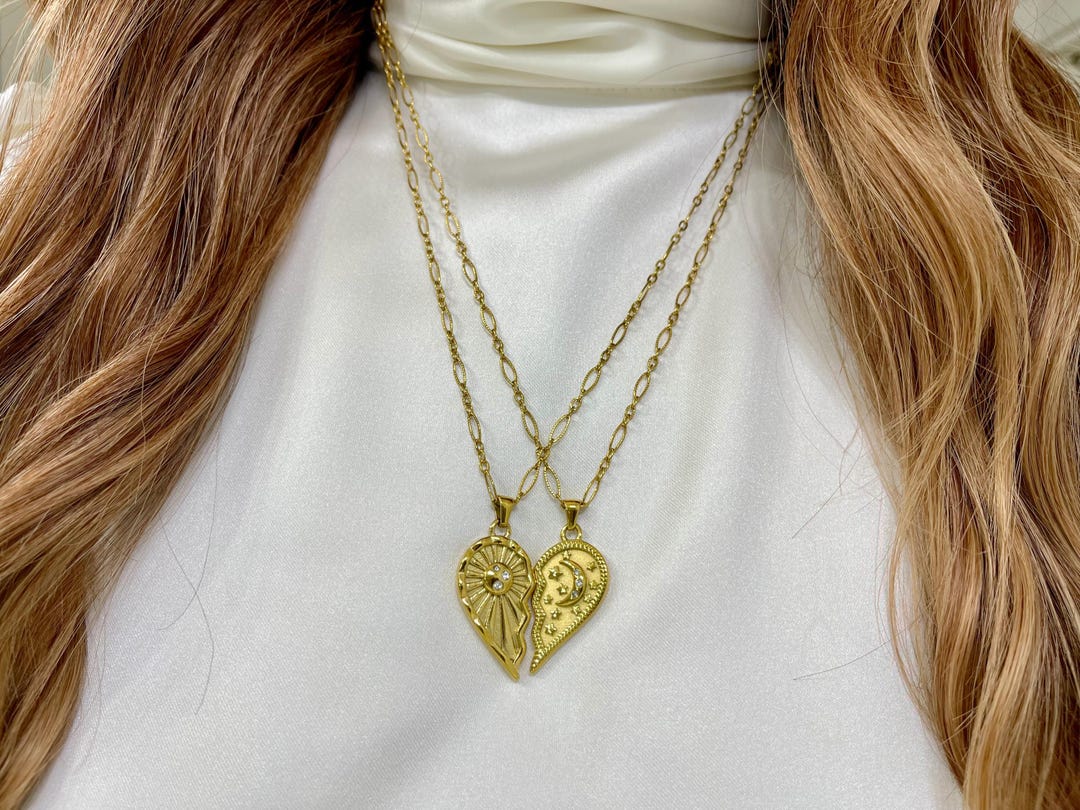 Sun and Moon Heart Necklace , 18K Gold Plated, Waterproof ...