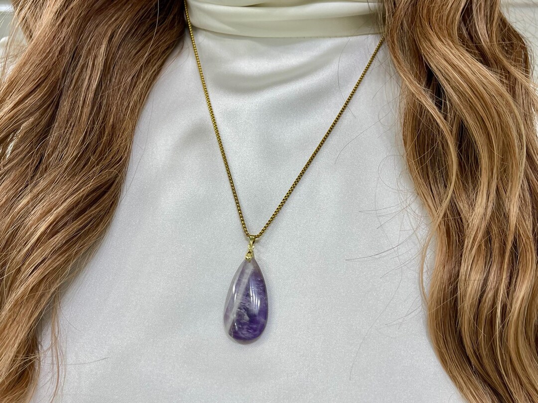 Tear Drop Amethyst Natural Stone- Crystal Necklace- 18K PVD Gold Plated ...
